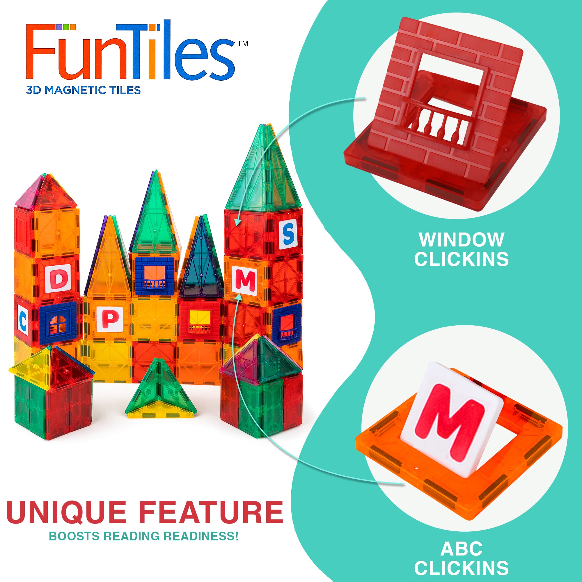 Playkidiz Magnetic Tiles for Kids, 100 Pc Magnet Blocks with ABC & Window Click-ins, STEM Development Building Toys for Boys Girls & Toddlers