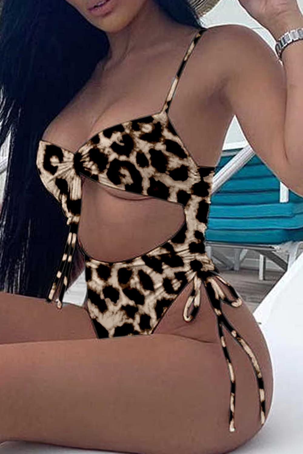 ioiom Women Two Piece Swimsuit High Waisted Bikini Off Shoulder Ruffle Bathing Suits Leopard XL