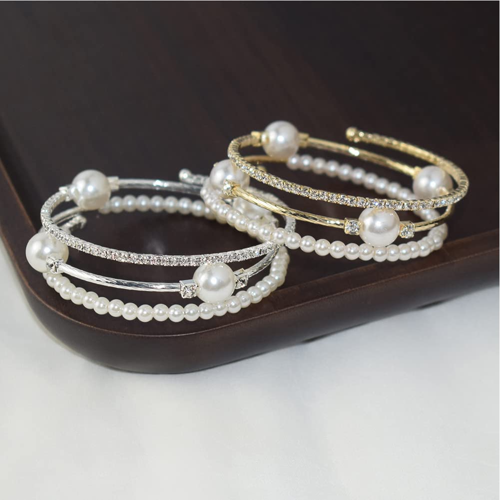 MyBuddy 2PCS Faux Pearl Wrap Bangle Bracelets,Pearl Stretch Beaded Layered Bracelets Blessing Bangle Jewelry for Women Girls Gift(Gold and Silver)