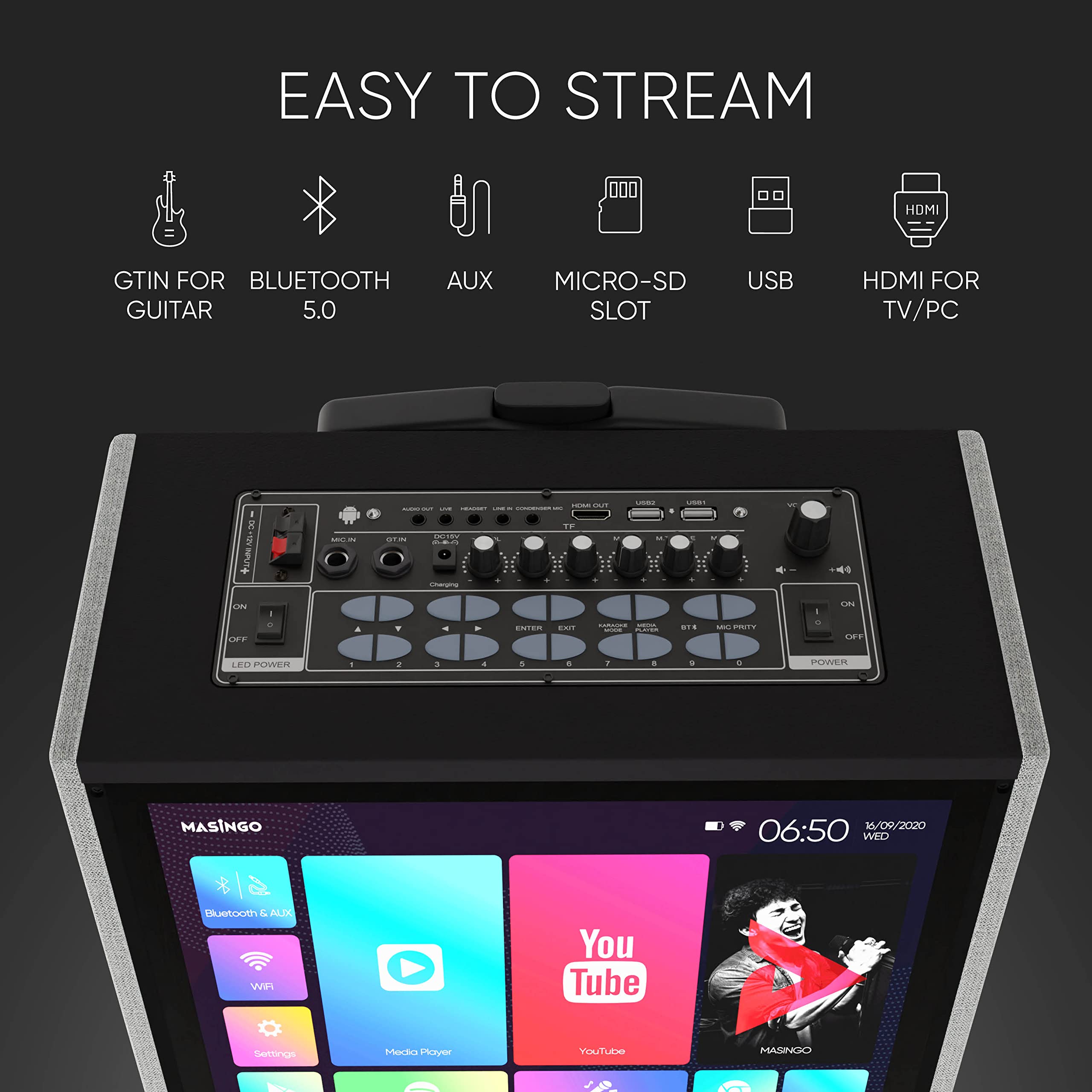 MASINGO 2022 Professional Karaoke Machine with Lyrics Display Screen - Bluetooth Portable PA Speaker System with WiFi, Built-in 15" Tablet, LED Lights + 2 Wireless Microphones (Renewed)