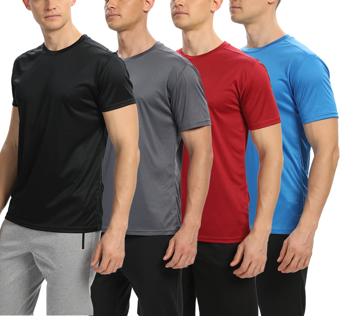 Mens 4-Pack Crew Short Sleeve Active Quick Dry T-Shirts, Athletic Running Gym Workout Sports Tee Shirts for Men (Black/Dark Grey/Dark Red/Royle Blue, L)