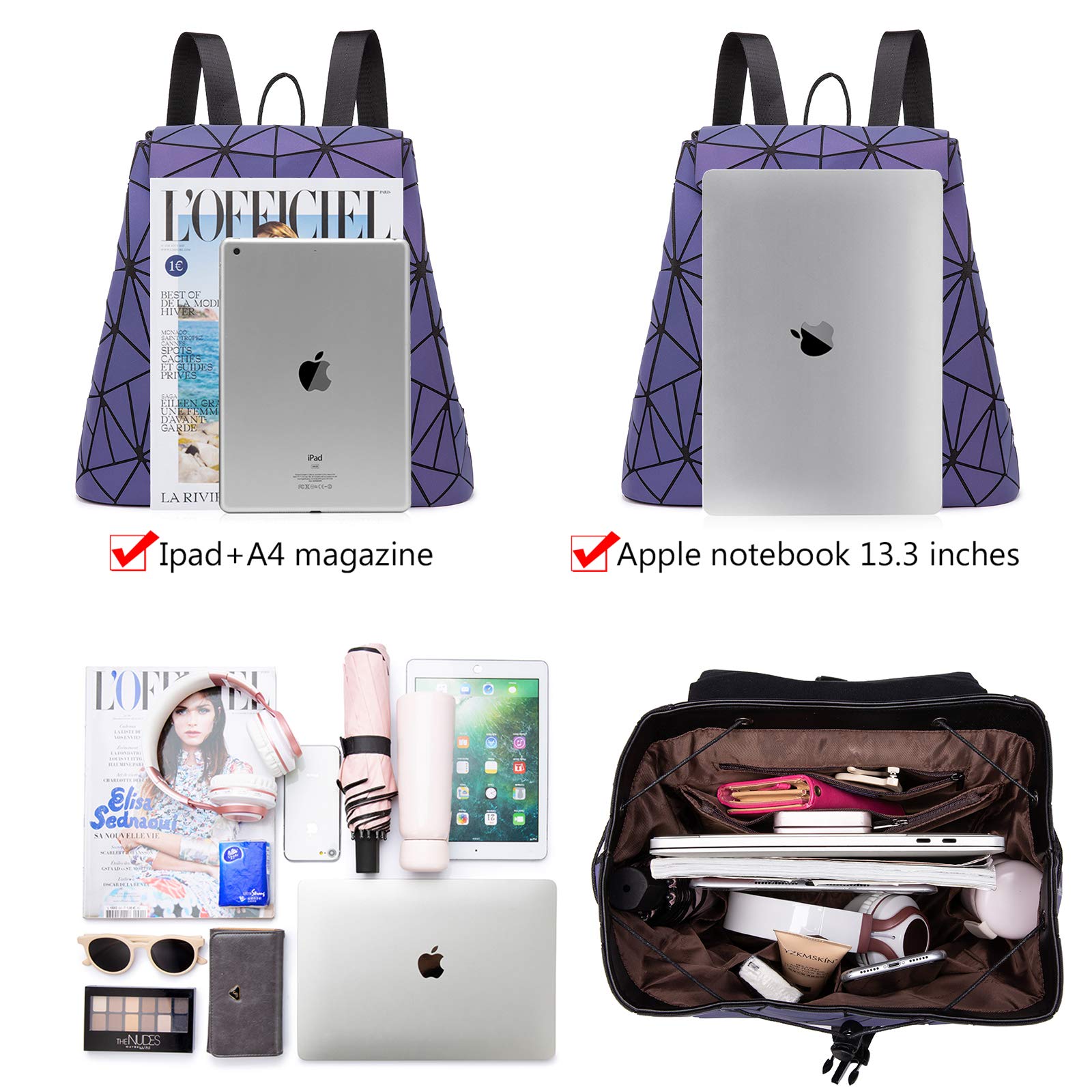 LOVEVOOK Geometric Luminous Backpack for Women Holographic Reflective Purses Crossbody Bag Wallet
