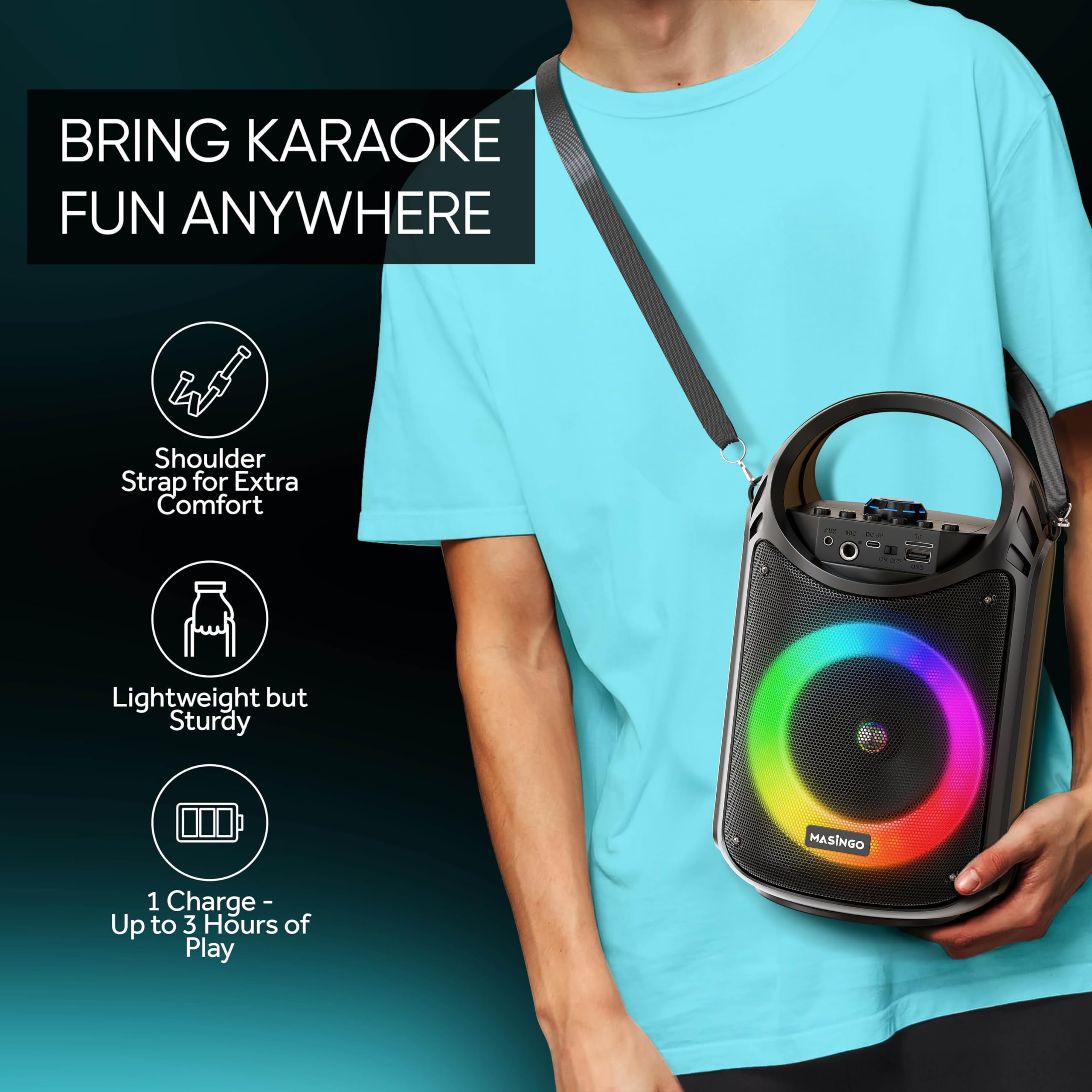 MASINGO Karaoke Machine for Kids and Adults with 1 Wireless Karaoke Microphone and 1 Wired Mic, PA Portable Speaker with LED Lights, Supports TF Card/USB, AUX/MIC in, TWS for Home Party, Burletta C10