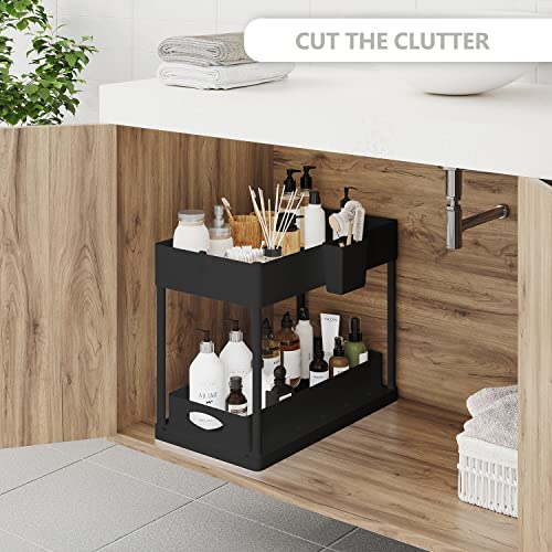 Under Sink Organizers and Storage | Bathroom Cabinet Organizer, Sink Shelf with Utility Hooks and Side Caddy for Under Cabinet Storage | Black (2-Pack) Under Kitchen Sink Organizer with Sliding Drawer