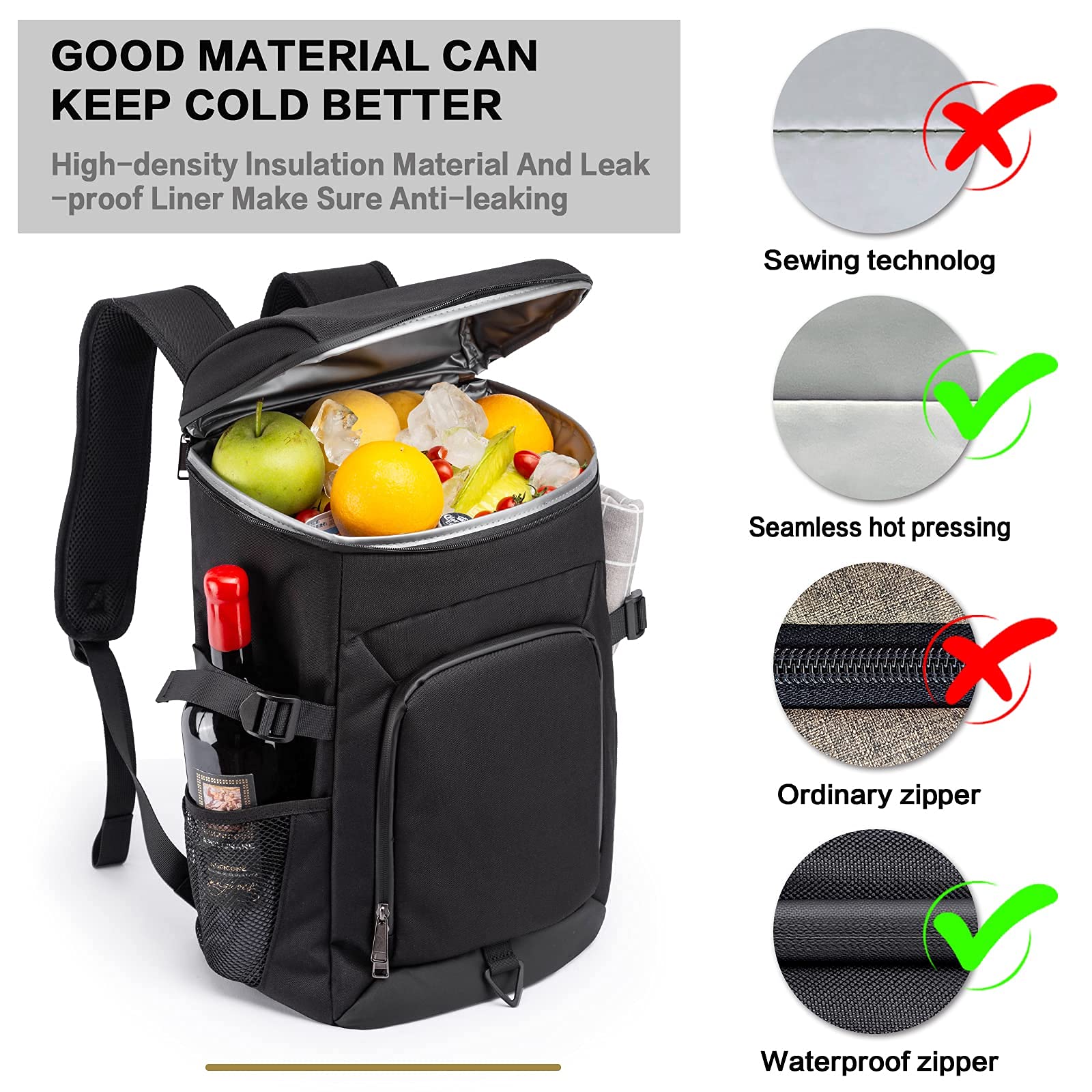 LEMONWORLD Backpack Cooler 40 Cans Insulated Leak Proof Soft Cooler Bag Lunch Backpack for Men Small Cooler Backpack, Black