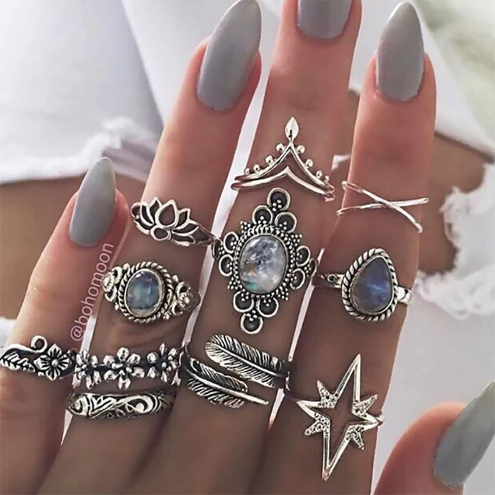 NIQIPOK 56 Pcs Vintage Silver Knuckle Rings Set for Women, Bohemian Stackable Joint Finger Rings, Retro Crystal eyes moon Stacking Midi Combination Ring Set