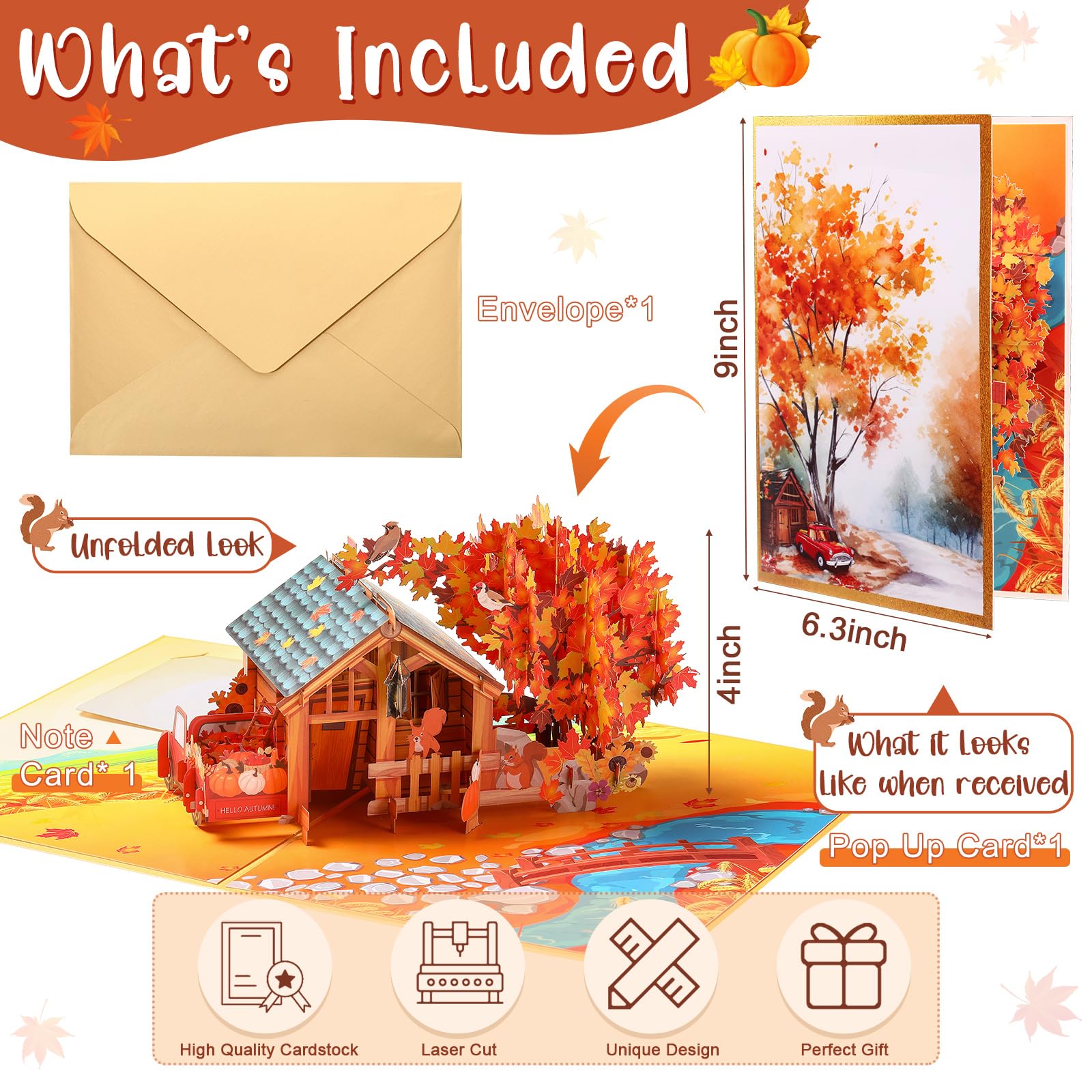 Teling 3D Thanksgiving Pop Up Card Fall Greeting Card with Envelope Handcrafted Cozy Autumn Farmhouse with Maple Tree Pumpkin Squirrel Thinking of You Hello Autumn 9" x 6.3" Cover
