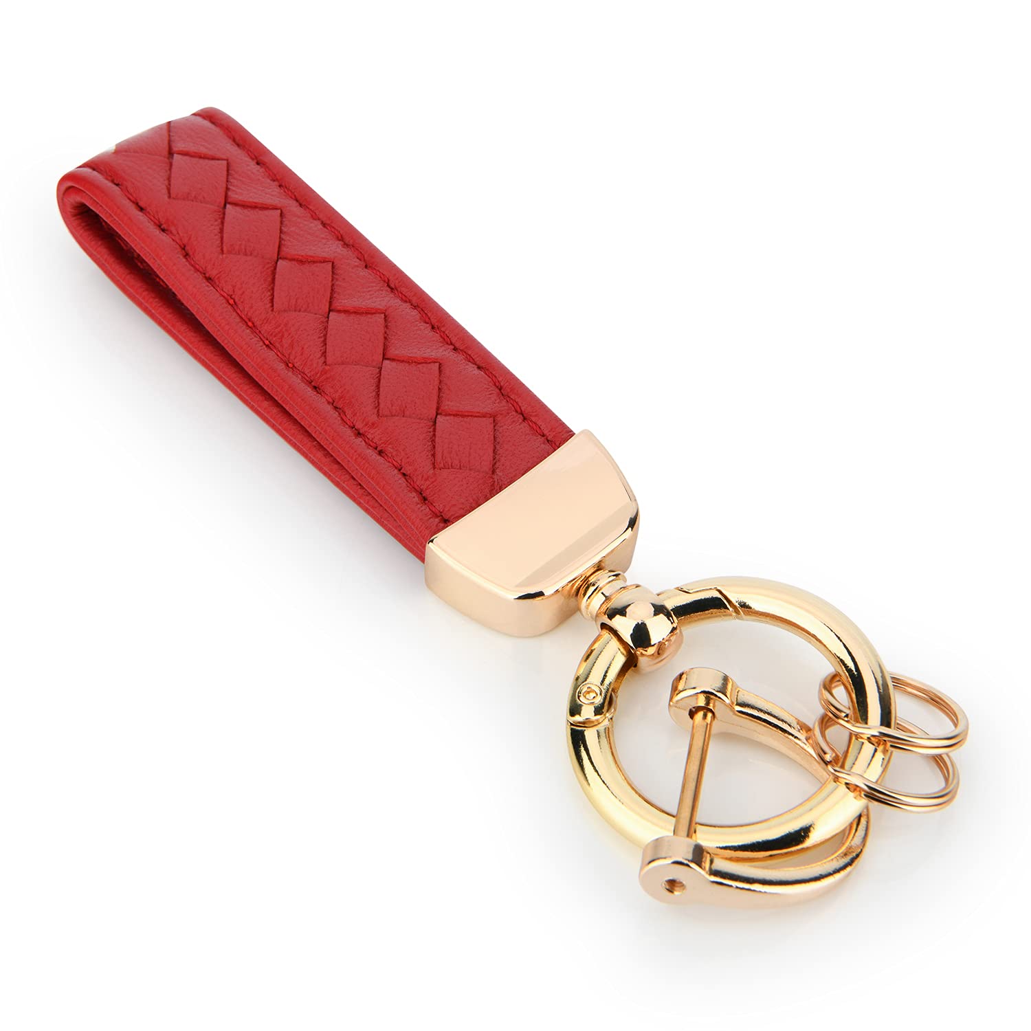 Lemospark Suede Genuine Leather Hand Knitting Keychain with Detachable Key Rings for Car and Home Keys Holder for Women Men (D-Red)