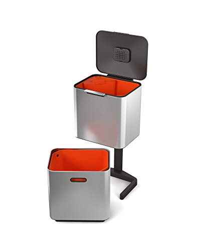 Joseph Joseph Totem Max 60 Liter Waste Separation and Recycling Kitchen Trash Can with Odor Filter and Removable Food Waste Caddy, Stainless Steel