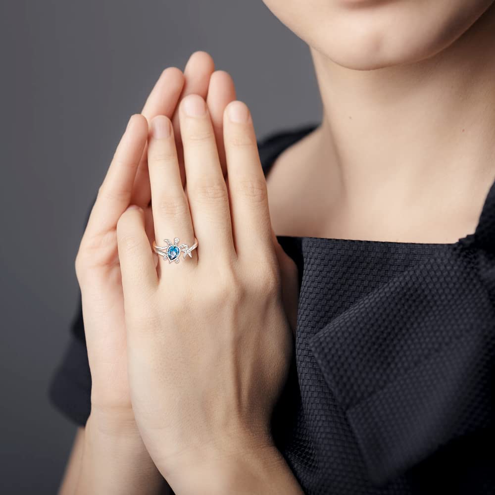 LOVGIFSET Sterling Silver Turtle Ring Rings for Women Sea Turtle Starfish Blue Topaz Animal Jewelry Size 8