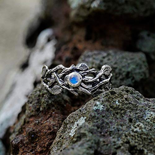 JESMING Ivy Moonstone Ring, Girls Rings Leaf Ring Silver Plated Ring Rose Victorian Style Solitaire Ring For Women (SIZE:8)