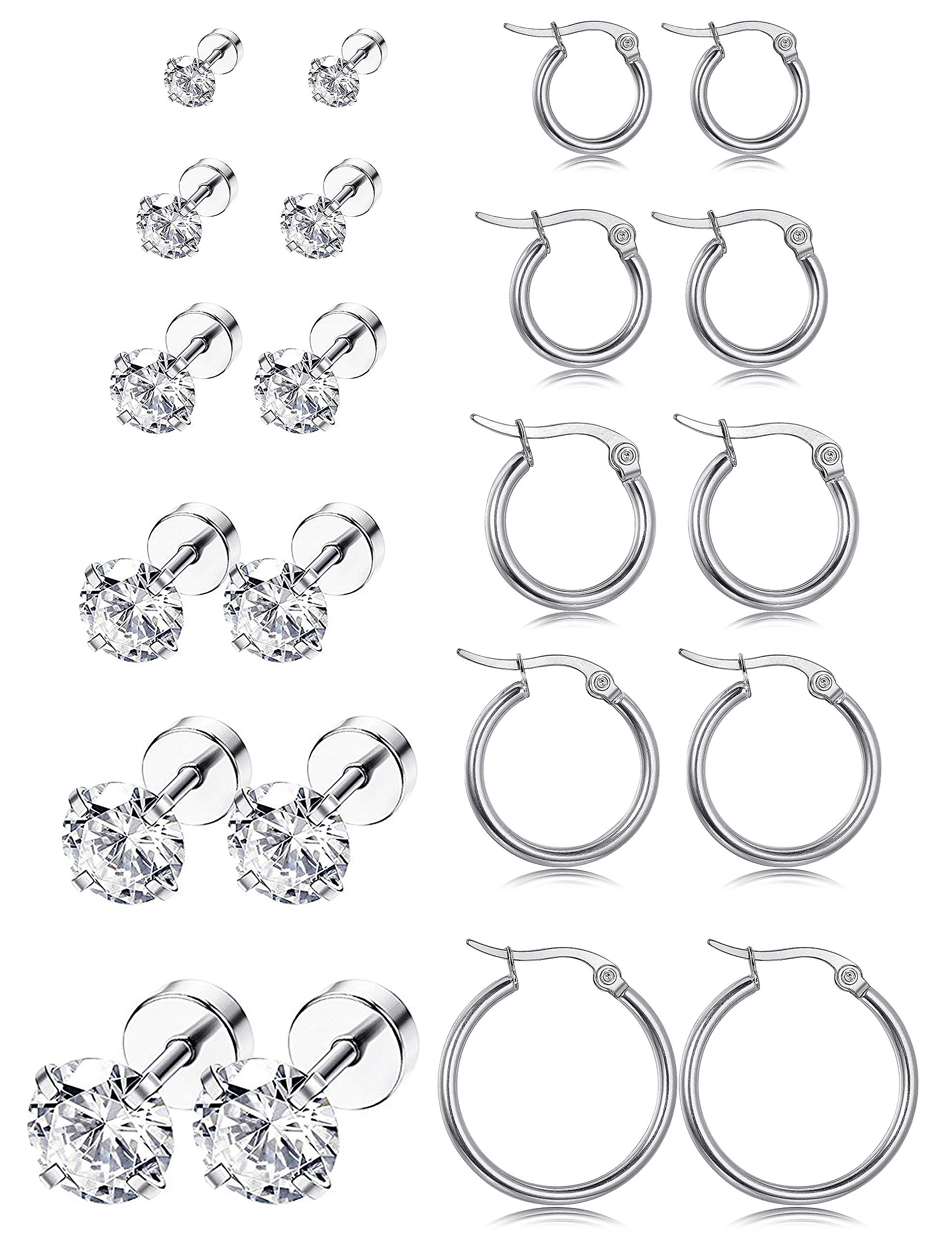 LOYALLOOK 11Pairs Stainless Steel Ear Stud Piercing Hoop Earrings Set Cute Huggie Earrings Cubic Zirconia Cartilage Barbell Stud Earring Screw Flat Back Earrings