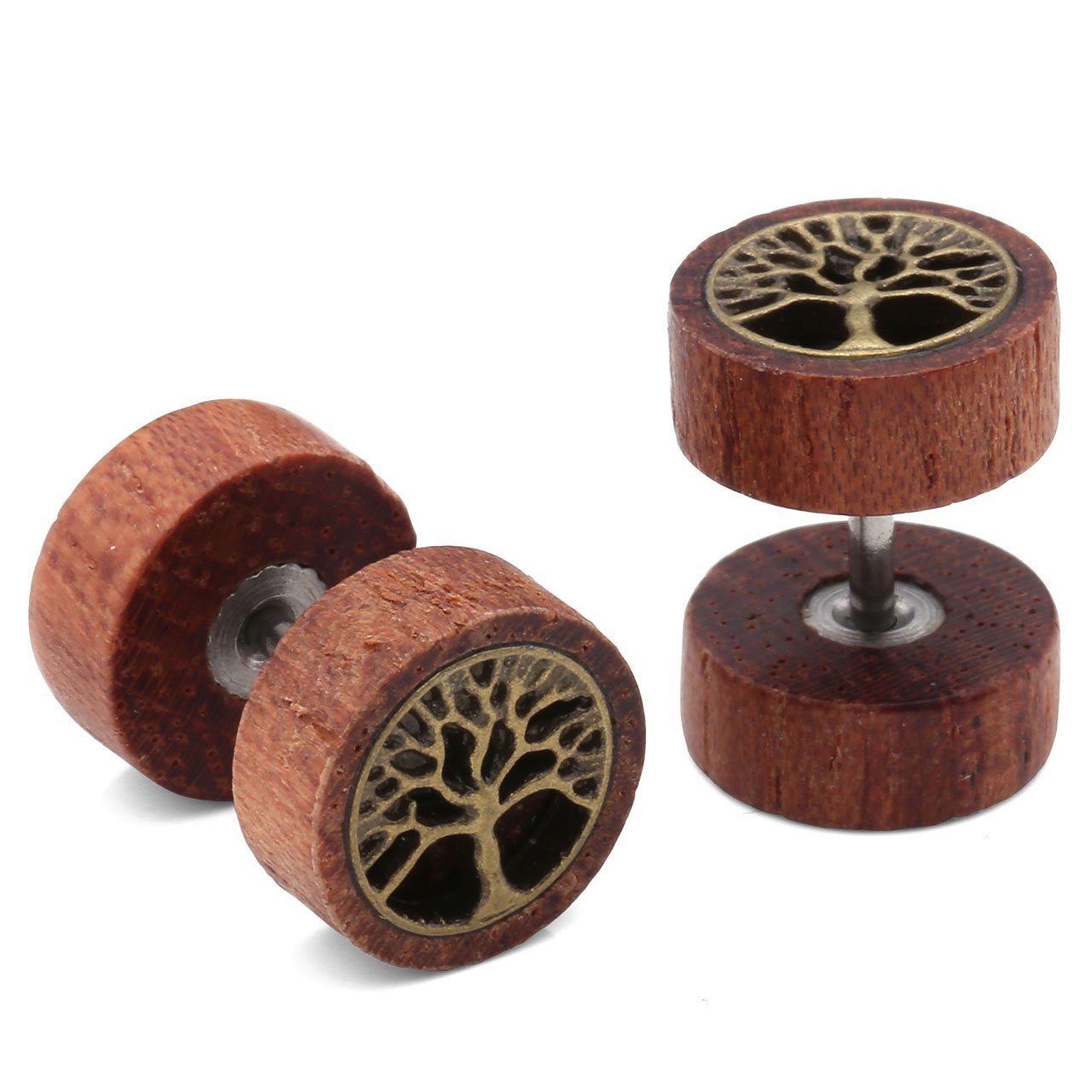 Jovivi 3 Pairs Organic Sono Wood Lion Head/Tree Life Fake Ear Plugs Cheater Gauges 10mm Illusion Screw Stud Earrings