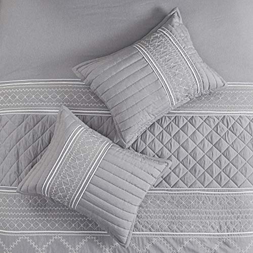 Madison Park Comforter Set, Embroidered Textured Heatherd Print All Season Down Alternative Cozy Bedding with Matching Shams, Decorative Pillow, King (104 in x 92 in), Kailee, Embroidery Grey 5 Piece