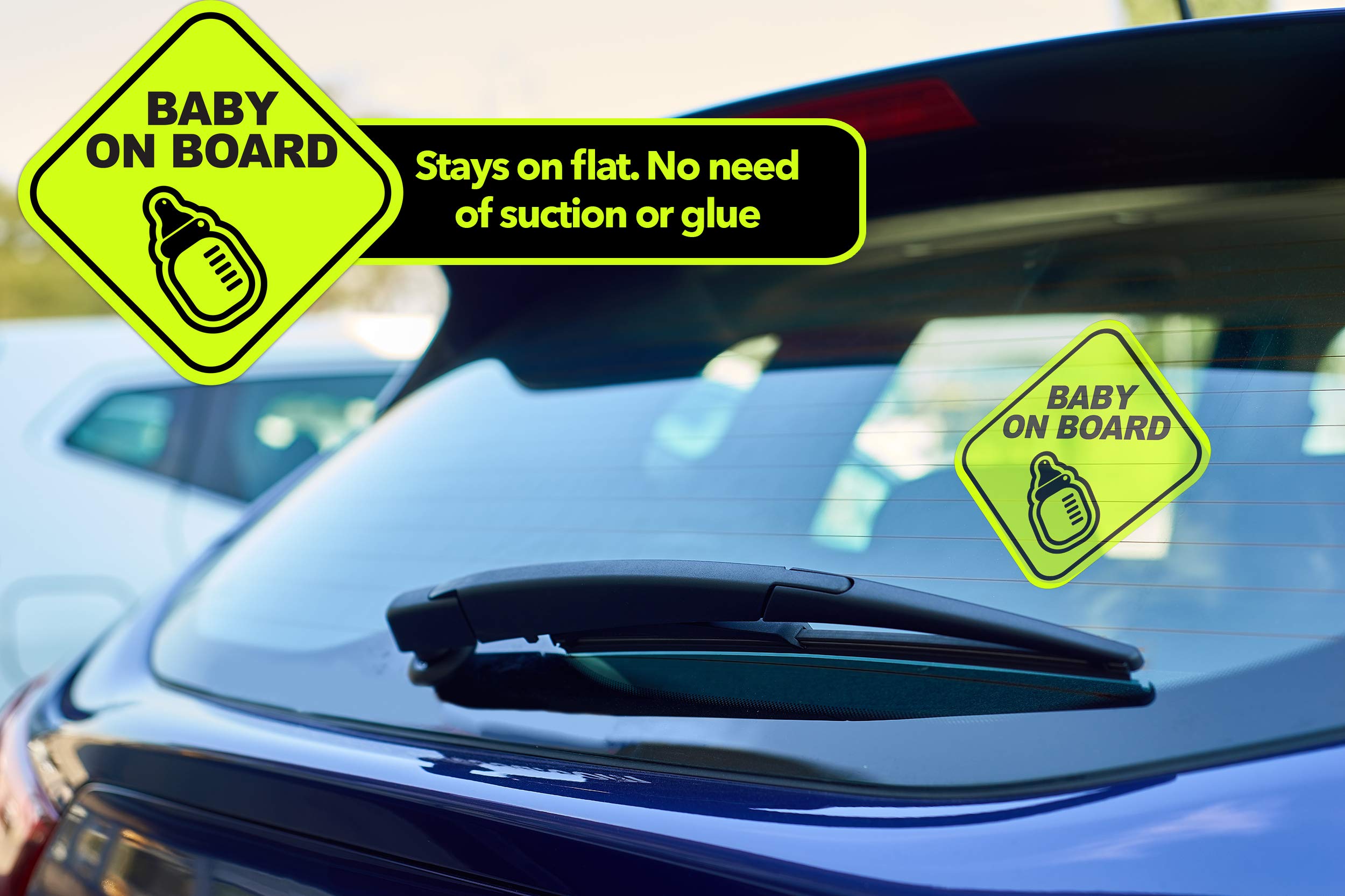 Kickfire 5 Pack Baby on Board - Static Cling Safety - Stickers for Car Accessories - No Glue or Residue | Big Bold Neon Green | Perfect Parent Pack Newborn Essentials Must Have (5 Pack)
