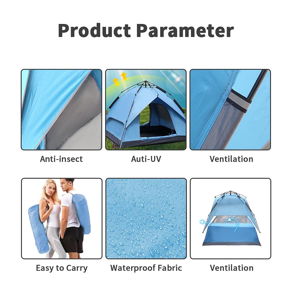 Napfox Instant Pop Up Tent Camping Tent 2/3 Person Size Automatic Setup Portable Durable Tent Waterproof Windproof Rooftop Tents with Rooms for Outdoor Camping Hiking Mountaineering (Blue)