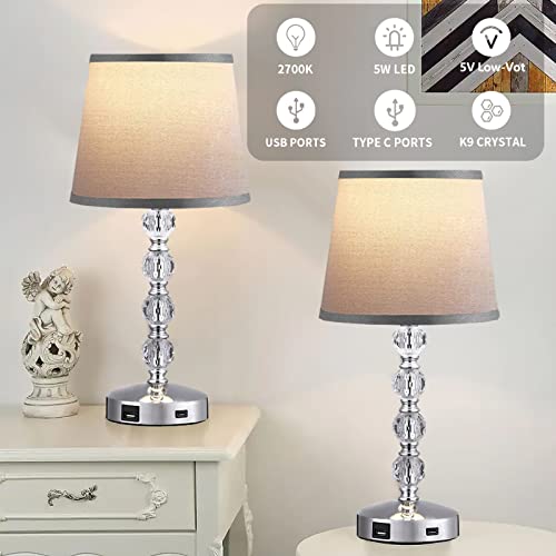 Unfusne Set of 3 Crystal Lamp with USB Port - Touch Control Table Lamp for Bedroom 3 Way Dimmable Nightstand Bedside Lamp with Gray Fabric Shade, Small Lamps for Living Room, Dorm, Home,Office