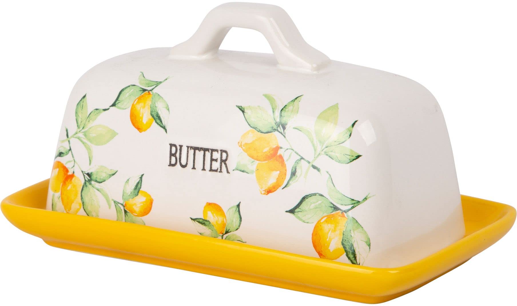 MosJos Butter Dish with Lid for Countertop - Yellow Stoneware Butter Holder for Fridge, Kitchen & Garden - East West Coast Butter Dish with Handle for Farmhouse & Vintage Style Homes (92771)