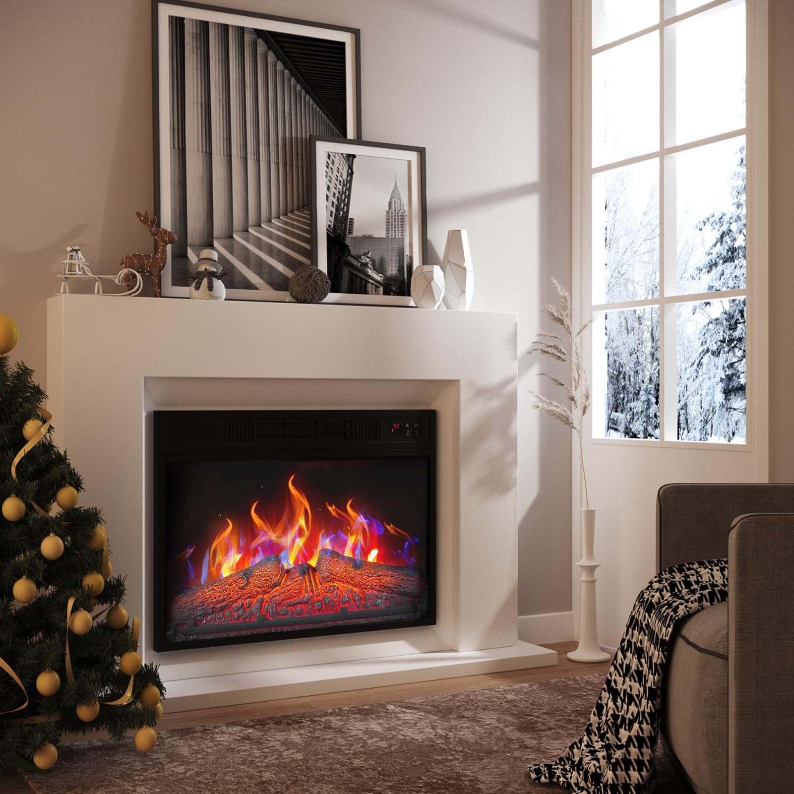 LALAHOO 23” Electric Fireplace Inserts,Recessed or Freestanding Electric Fireplace Heater with 6 Flame Colors,Wall Mounted Fireplace Heaters for Indoor Use,Remote Control & 6H Timer,Black