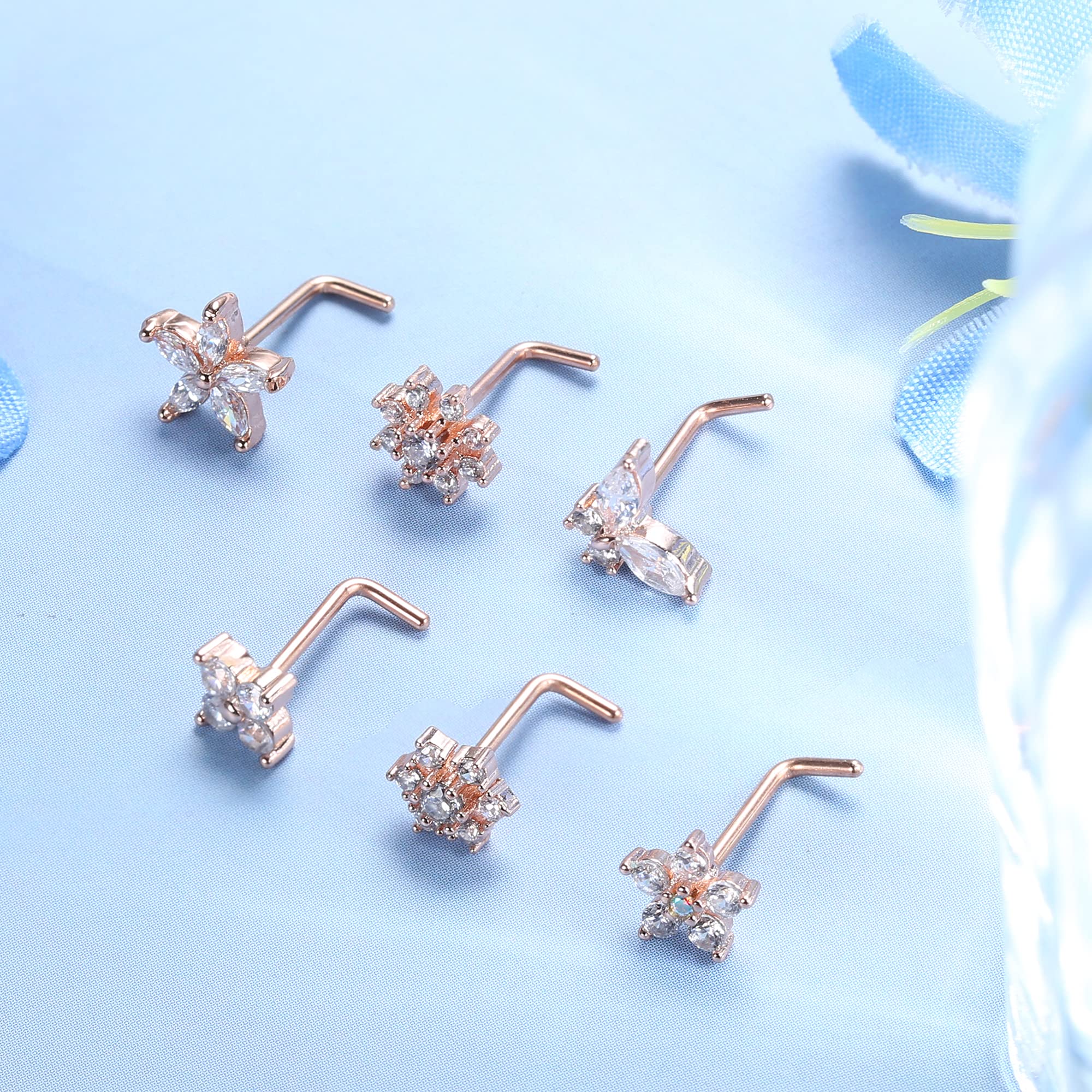 LOYALLOOK 6PCS 20G Nose Ring Stud L-Shape Nose Rings Cubic Zirconia Butterfly Nose Screw Studs Rings Stainless Steel Flower Nose Piercing Ring, L-Shape Rose Gold