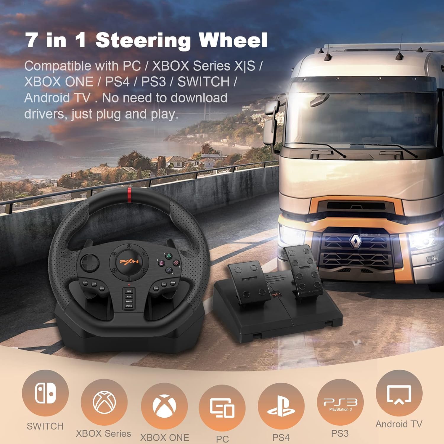 Racing Steering Wheel for PC - PXN-V900 270°/900° Rotation Used - Good Gaming Steering Wheel with Pedals for PC, PS4, PS3, Nintendo Switch, Xbox One, Xbox Series X|S, Android TV