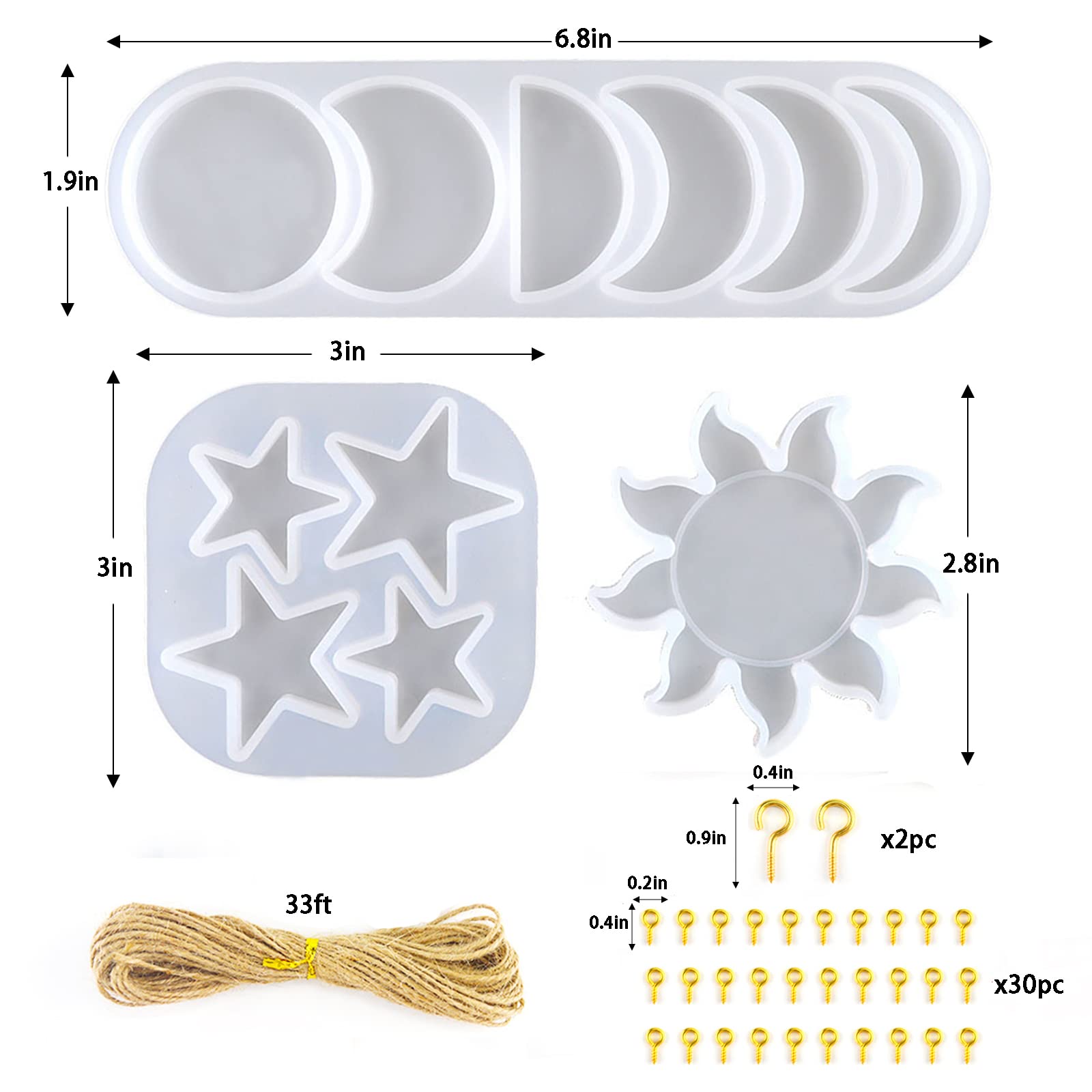 Moon Phase Resin Molds - Sun and Star Epoxy Silicone Mold Kits with Hemp Rope and Screws for Resin Casting, Wall Hanging, Home Decor, Key Chain
