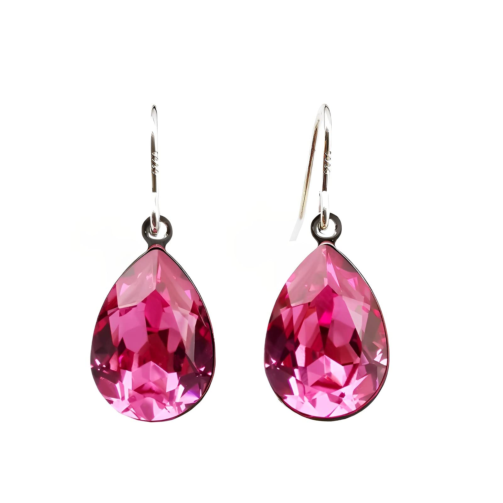 Pink Dangle Earrings for Women, 925 Sterling Silver White Gold Plated Austrian Pink Crystal Drop Earrings