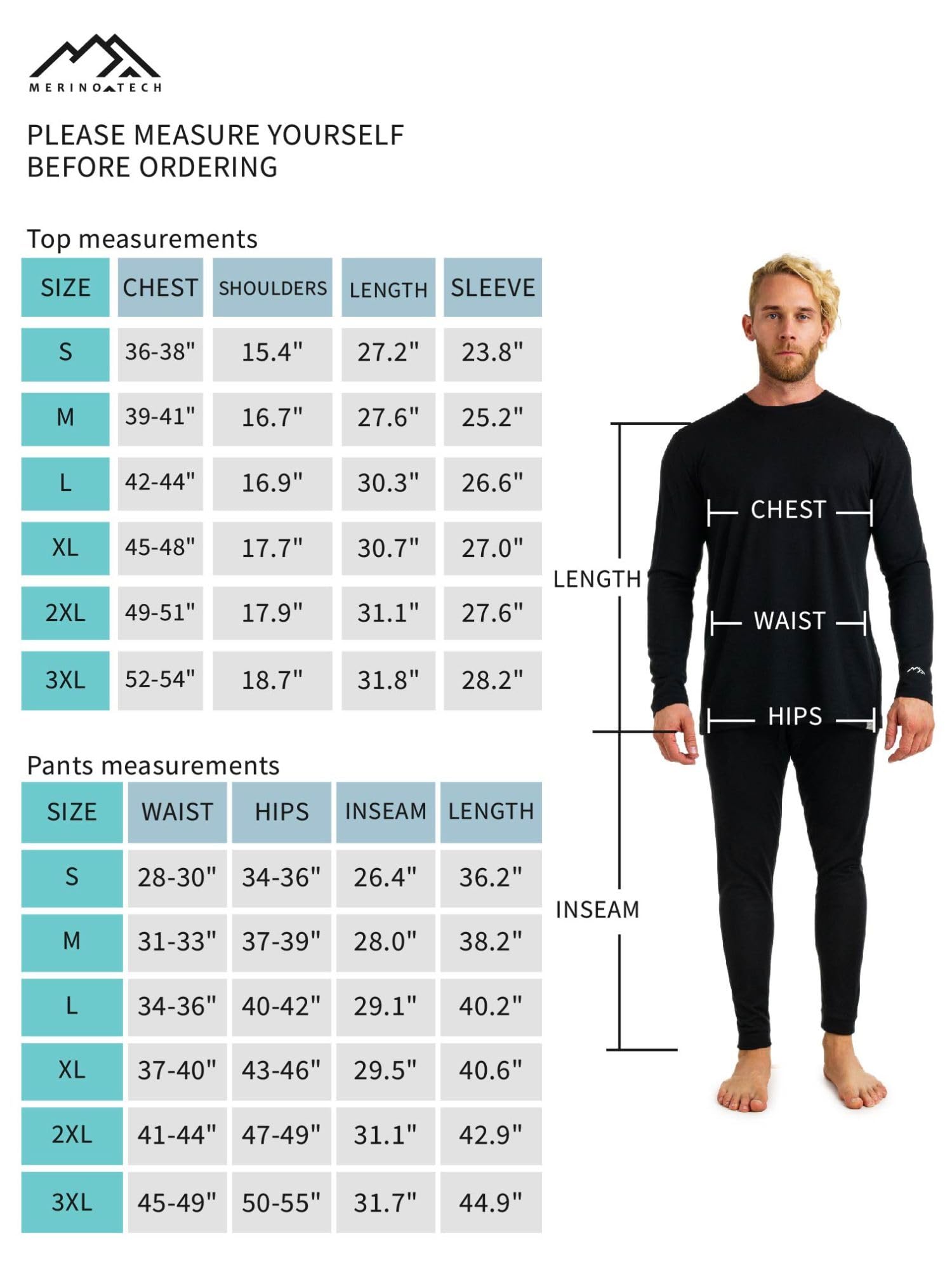 Merino.tech Merino Wool Base Layer Mens Set - Midweight Merino Wool Thermal Underwear For Men Top, Bottom (Medium, 250 Black)