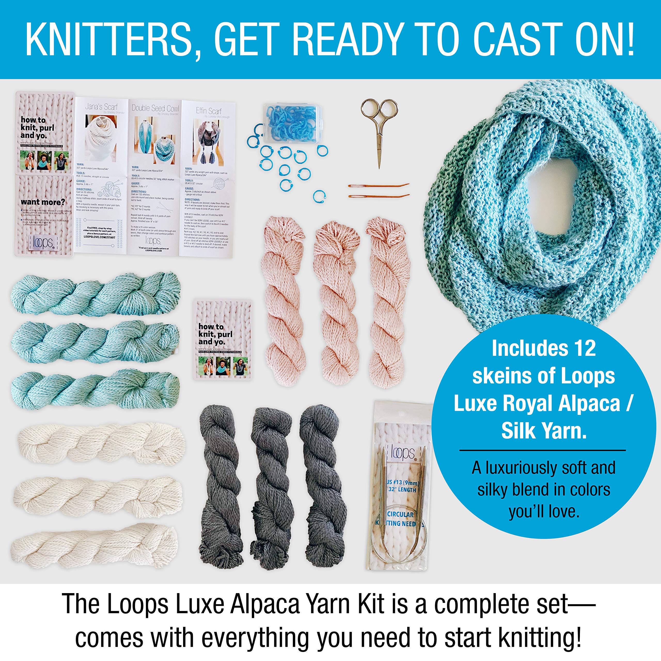 Knitting Super Starter Kit for Beginners: Everything You Need to Make Your First 4 Projects | Includes Patterns w/Video Tutorials | Features Loops Luxe Chunky Royal Alpaca Yarn | Learn to Knit Kit