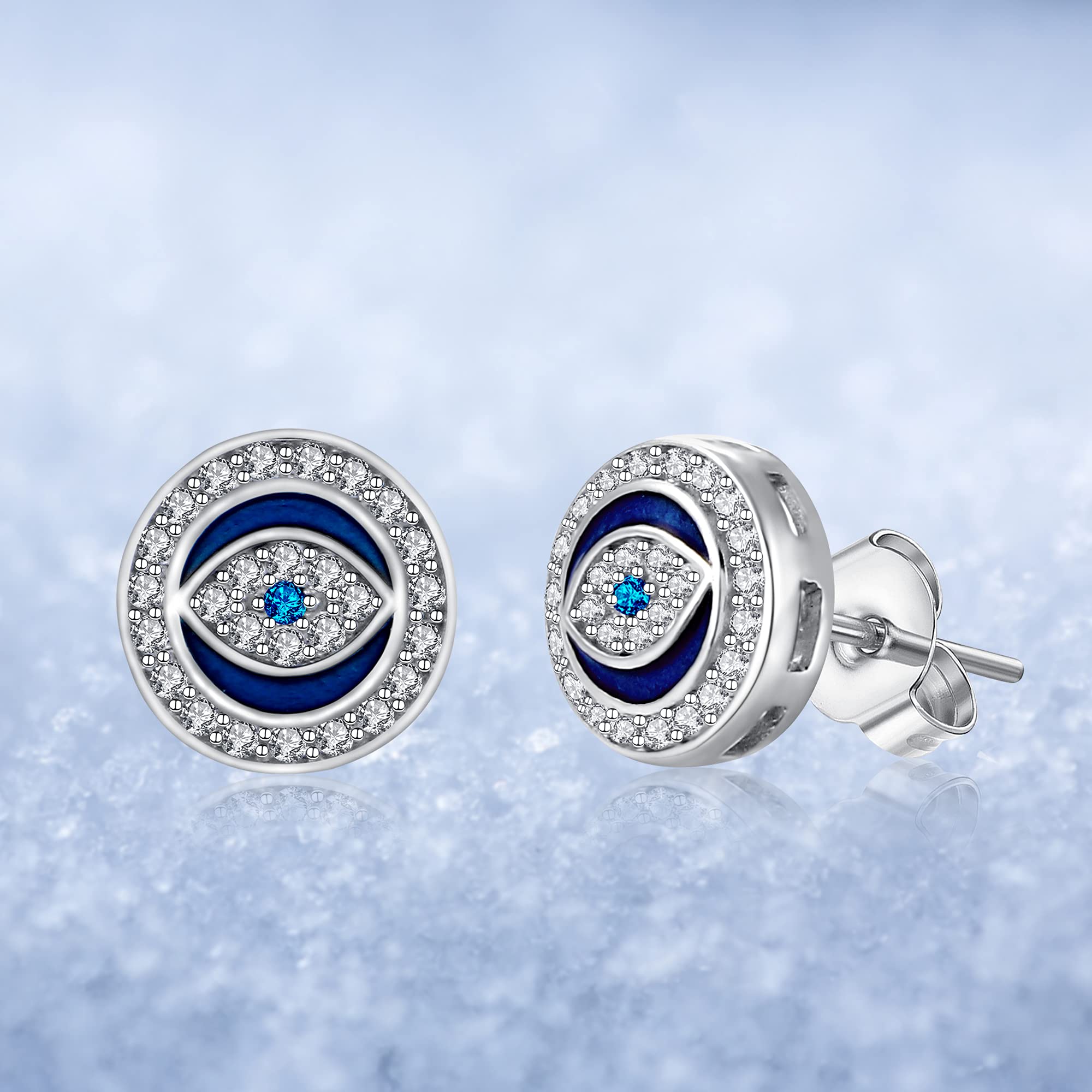 MOONQUEEN Blue Evil Eye Stud Earrings 925 Sterling Silver Eardrop Cubic Zirconia,Lucky Gift for Women Girls