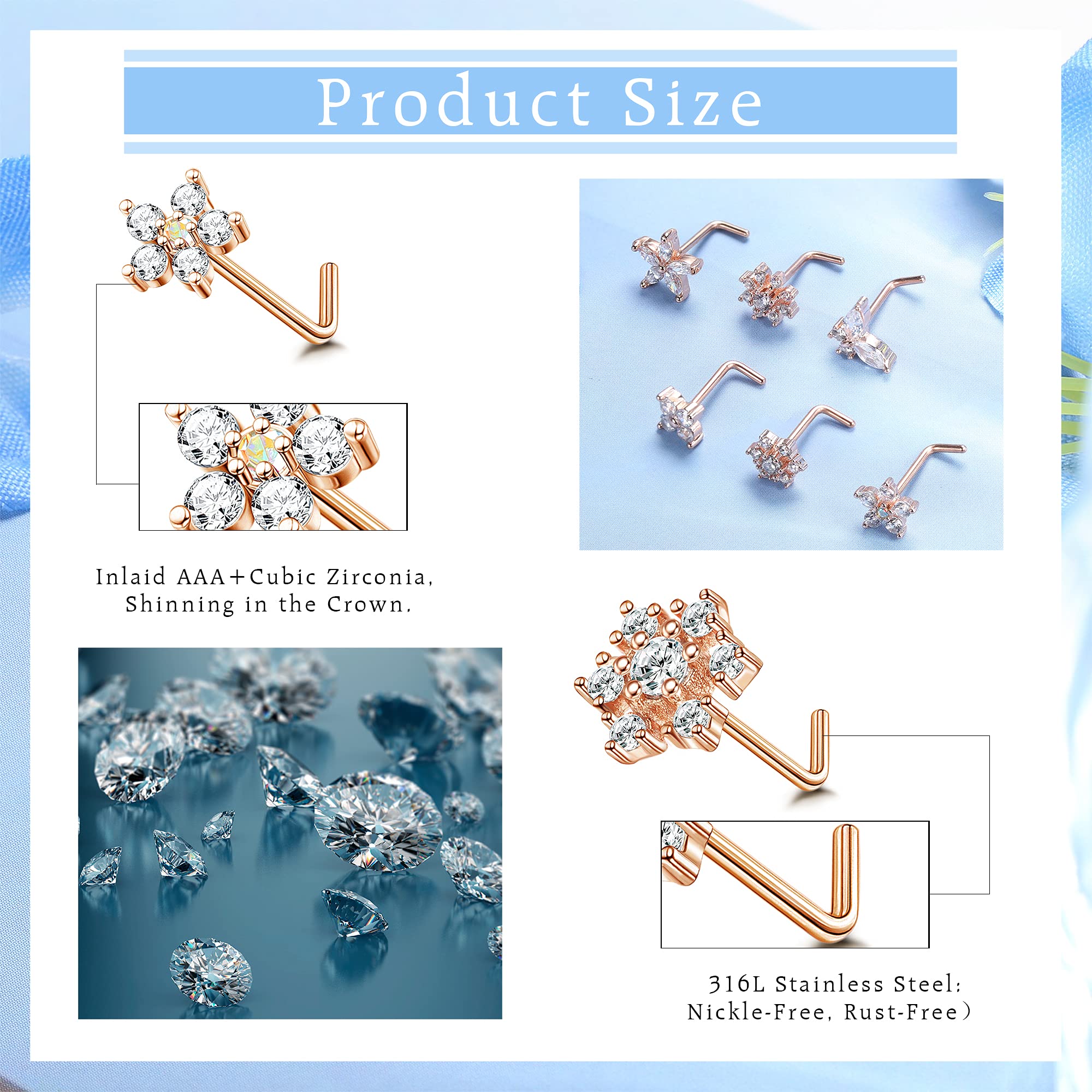 LOYALLOOK 6PCS 20G Nose Ring Stud L-Shape Nose Rings Cubic Zirconia Butterfly Nose Screw Studs Rings Stainless Steel Flower Nose Piercing Ring, L-Shape Rose Gold