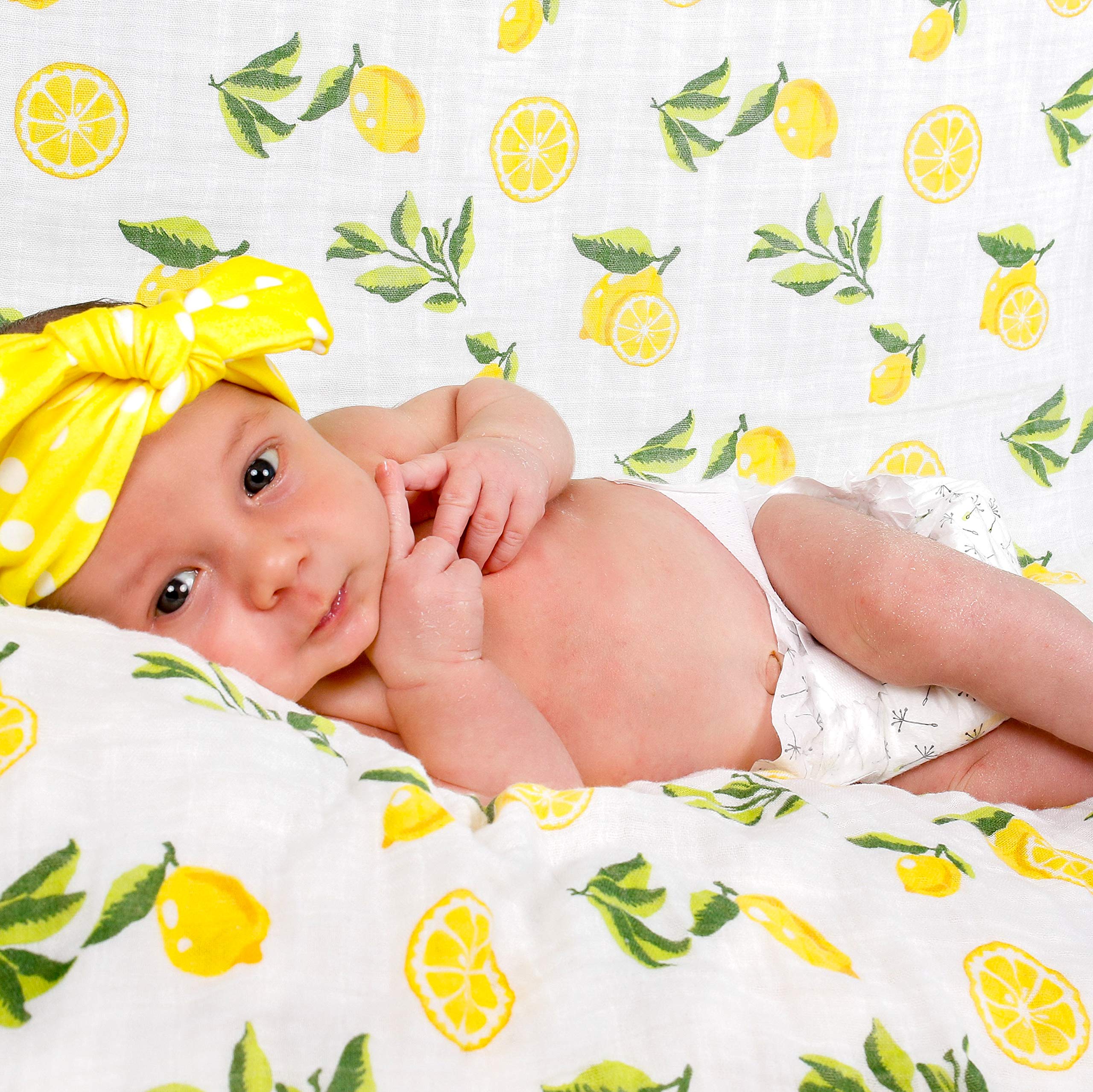 KloudBambu Muslin Swaddle Receiving Blankets, Strawberry Lemon, Extra Large Unisex Breathable Ultra Soft, Baby Registry Essentials