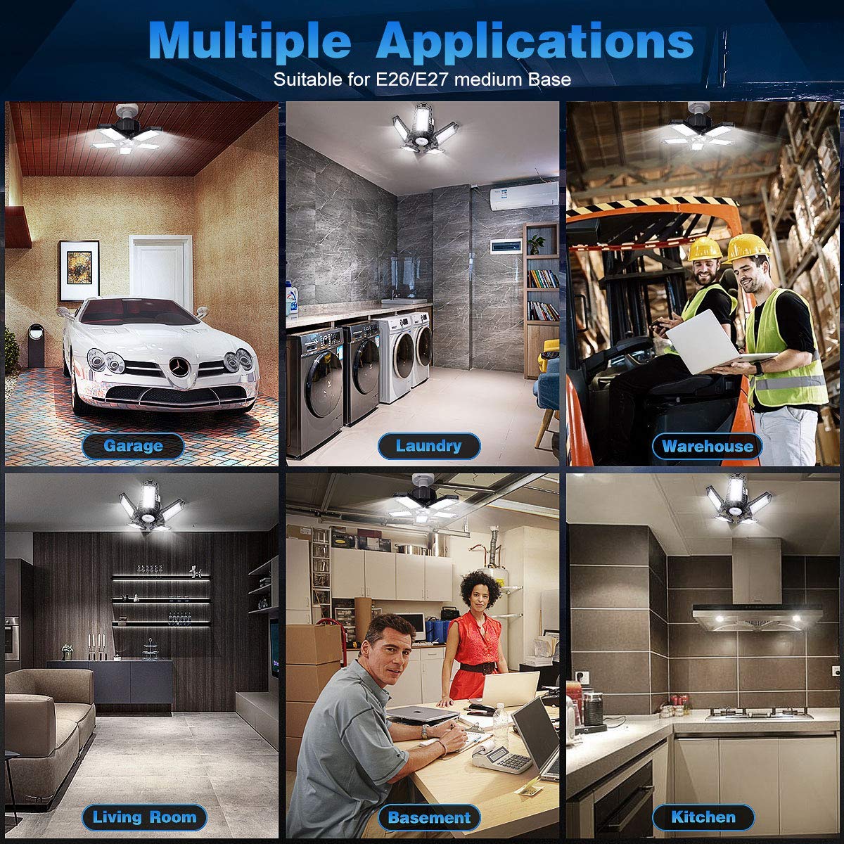 Led Garage Lights 2 Pack 100W Deformable Garage Ceiling Light for Garage Lighting Fixtures with 5 Adjustable Panels 10000LM 6500K Tribright Garage Light LED Shop Lights for Garage Warehouse Workshop