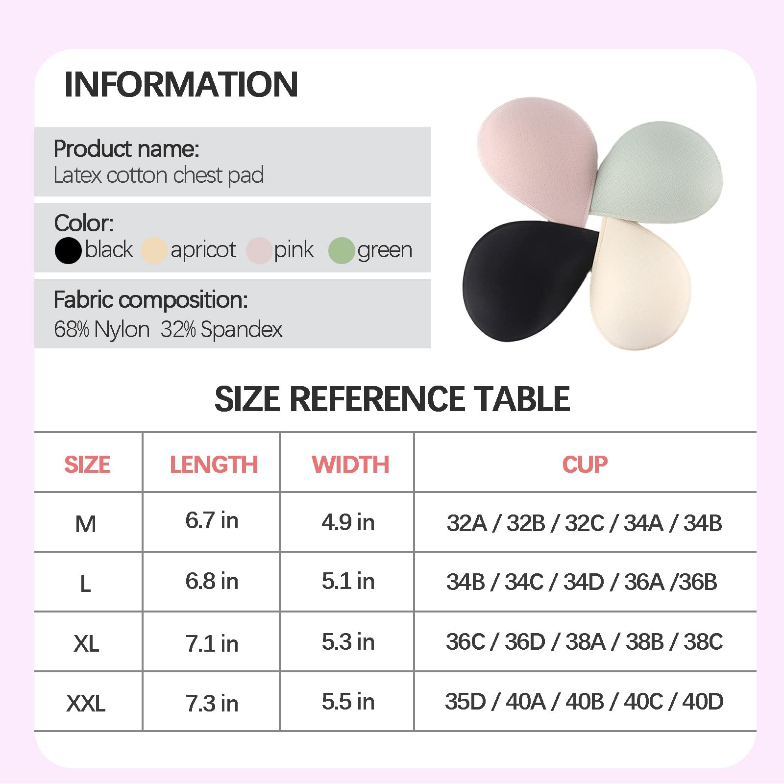 KOOAAICCHI Bra Pads Inserts 4 Pairs, Latex Bras Cups Inserts Removable for Women's Sports Cups Bra or Swimsuit Insert in Set (8 PCS) - M