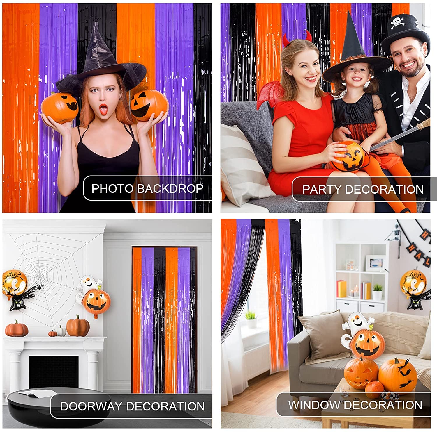 LOLStar 5 Pack Orange Purple Black Photo Booth Props,3.3 X 6.6 ft Halloween Foil Fringe Curtains,Halloween Party Photo Backdrop Streamer Backdrop for Halloween Party Decoration