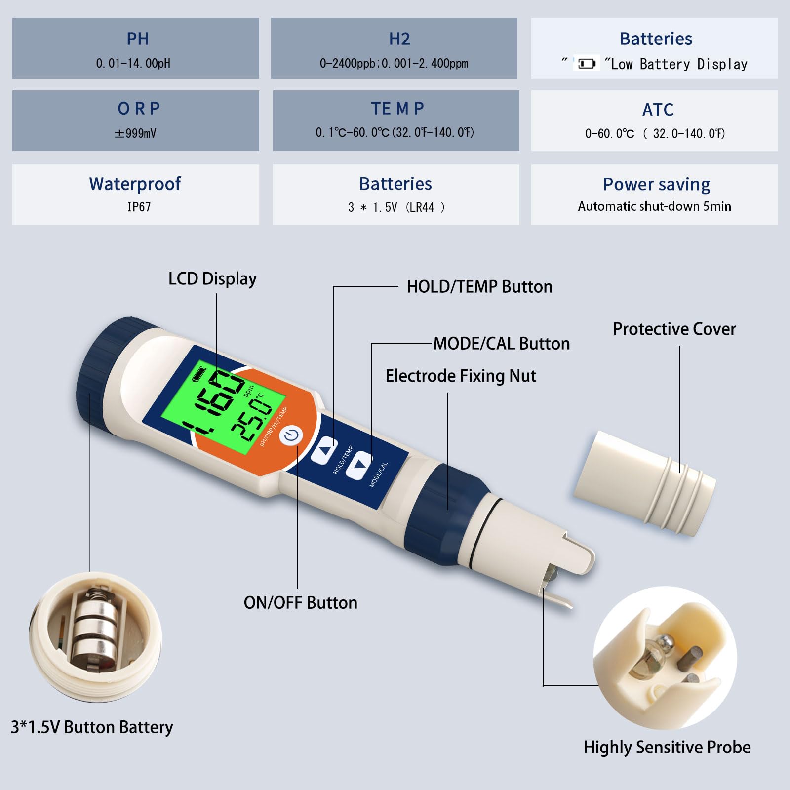 Yewhick Hydrogen Water Tester, 4 in 1 pH H2 ORP Temp Test Kit, H2 Water PPB/PPM Meter, Accurate pH Hydrogen ORP Meter for Drinking Water, Dissolved Hydrogen Tester for Hydrogen Water Bottle