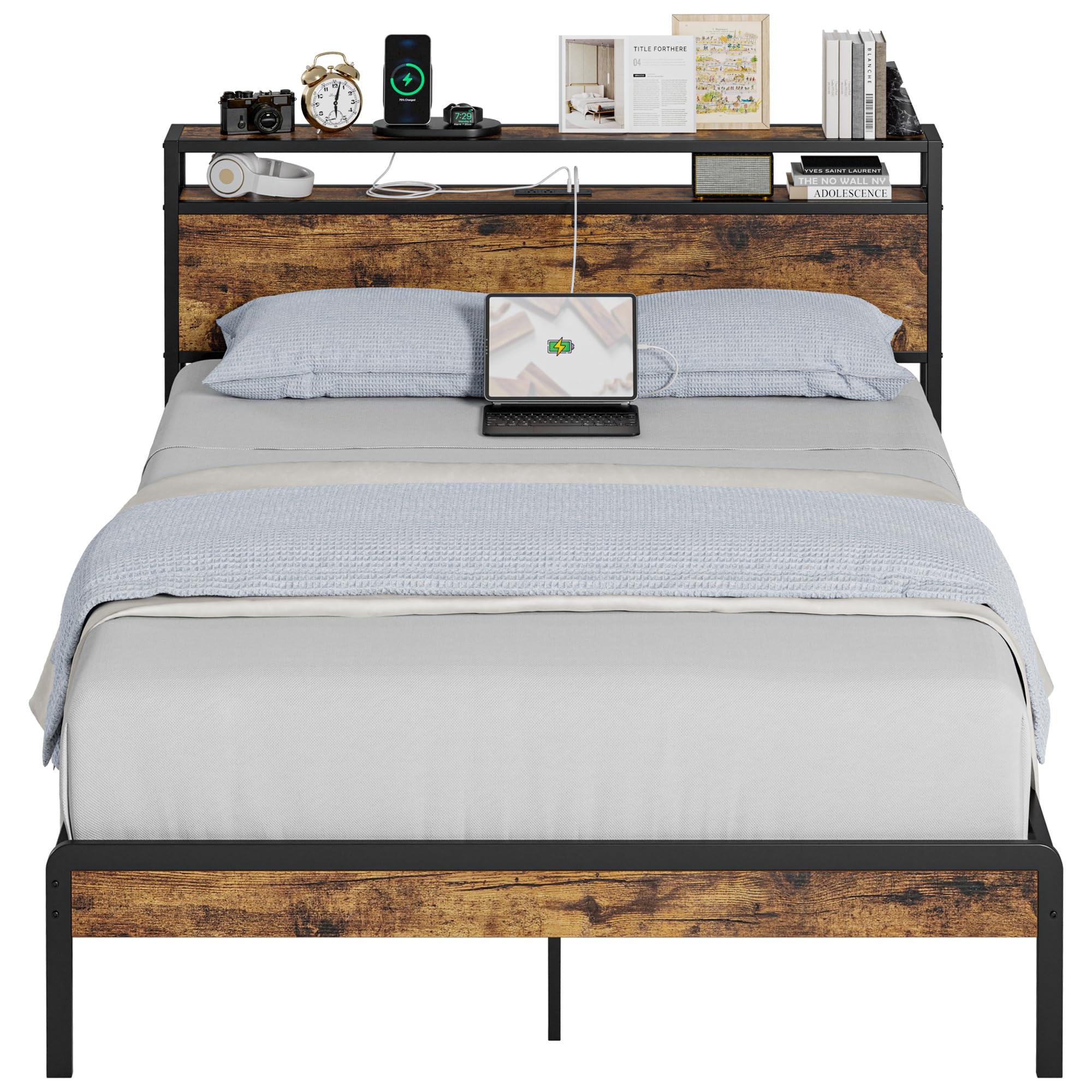 IRONCK Bed Frame,Platform Bed with 2-Tier Storage Headboard and Power Outlets, USB Ports Charging Station, Sturdy and No Noise, No Box Spring Needed, Easy Assembly, Full Size, Walnut