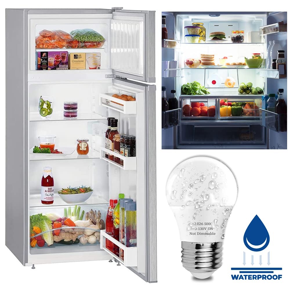 LED Refrigerator Light Bulb, 5W Waterproof Freezer LED Light Bulb E26 Daylight White 5000K, A15 LED Appliance Bulb for Ceiling Fan, Freezer, Lamp, Kitchen, Bathroom, 2 Pack