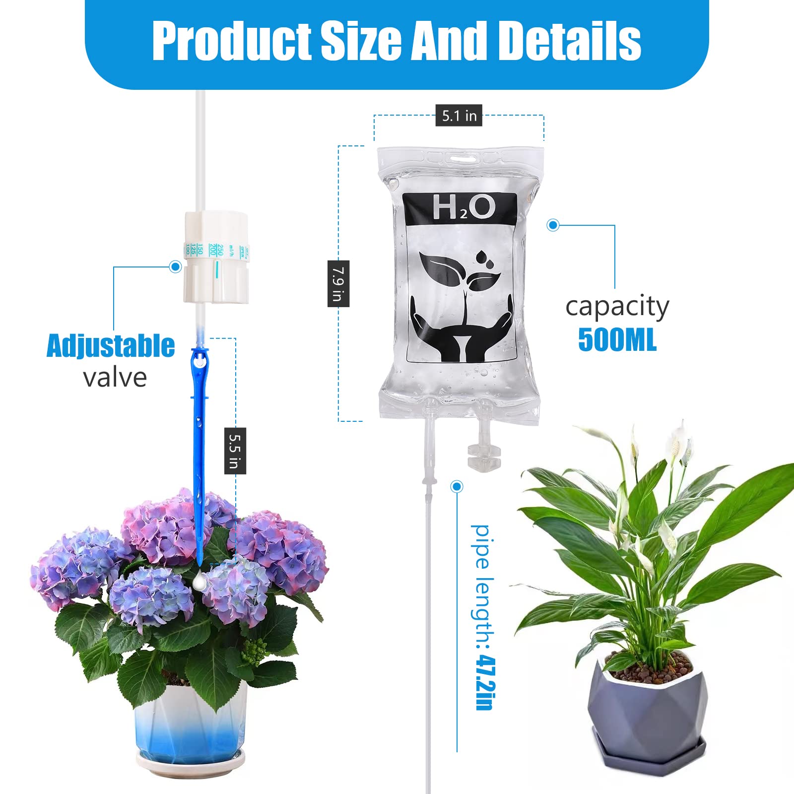 Plant Self Watering Devices with Spikes and Water Storage Bag, Slow Release Control Valve Switch Automatic Irrigation Watering Drip System, Plant Self Waterer-Preventing Stop Water and Leaks-3Pack