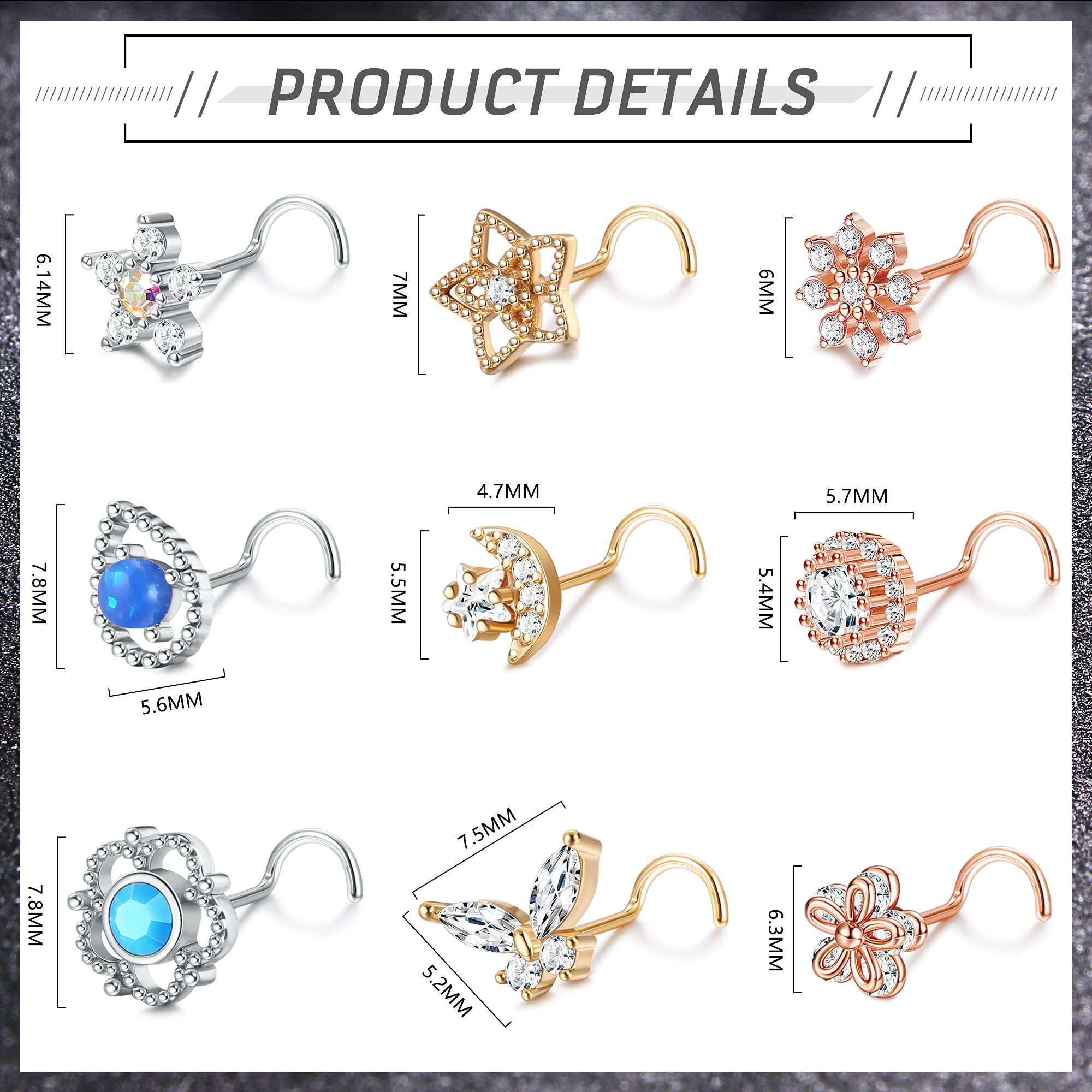 LOYALLOOK 20G Nose Ring Stud Stainless Steel Screw Nose Rings Cubic Zirconia Butterfly Opal Screw Nose Studs Flower Nose Rings Nose Piercing
