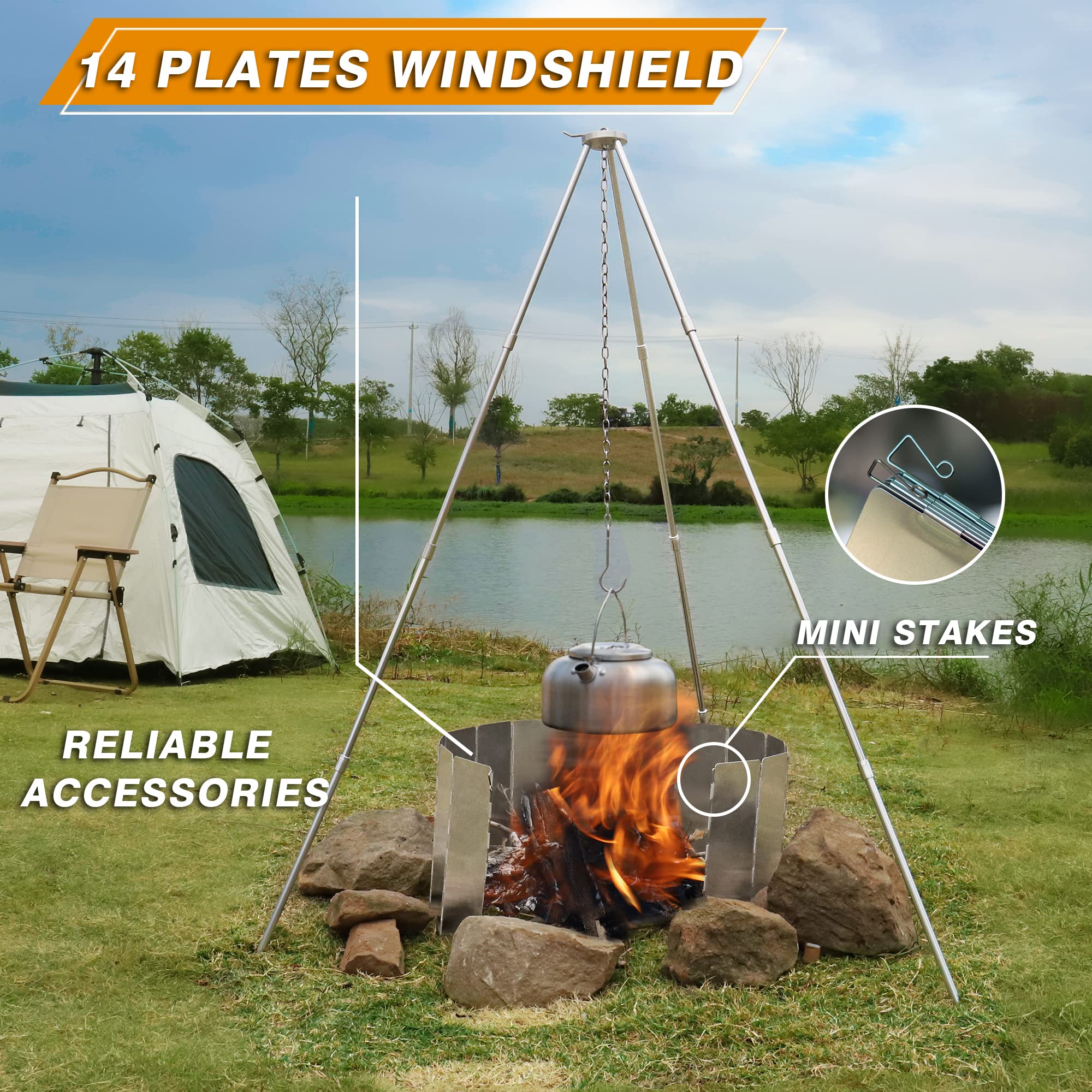 Puraville Portable Tripod Kit,Heavy duty Tripod, Campfire Windshield,Cut-resistant Gloves with Storage Bag for Camping Outdoor