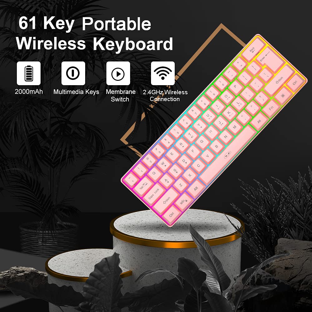 MageGee 60% Wireless Gaming Keyboard with 2.4G Connection, Ultra Compact 61 Keys RGB Backlit Quiet Office Keyboards for Windows Laptop PC, Waterproof, Pink