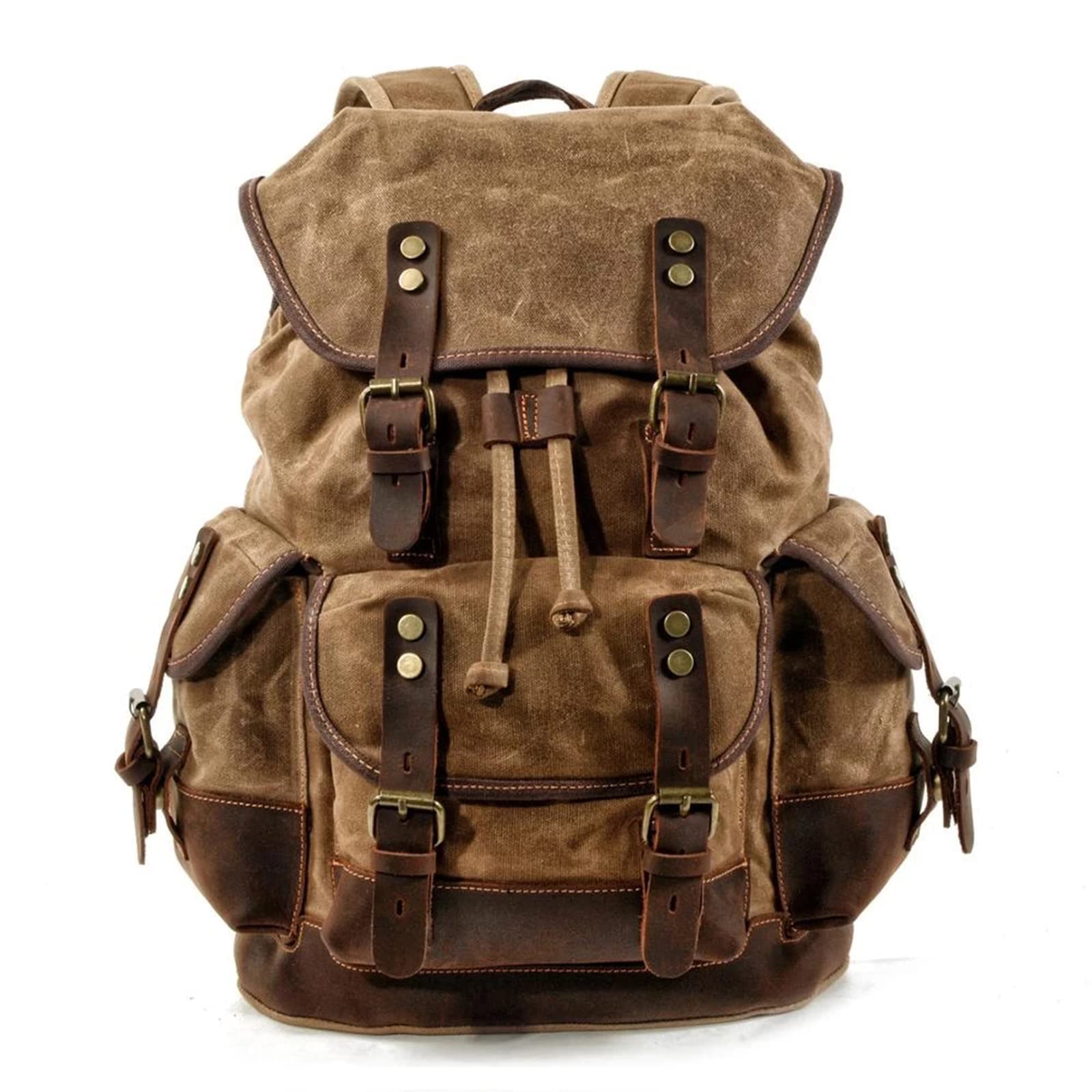 liuwei Vintage Travel Backpack for Men, Genuine Leather-Waxed Canvas Hiking Rucksack,Large capacity Waterproof Daypacks,Gray