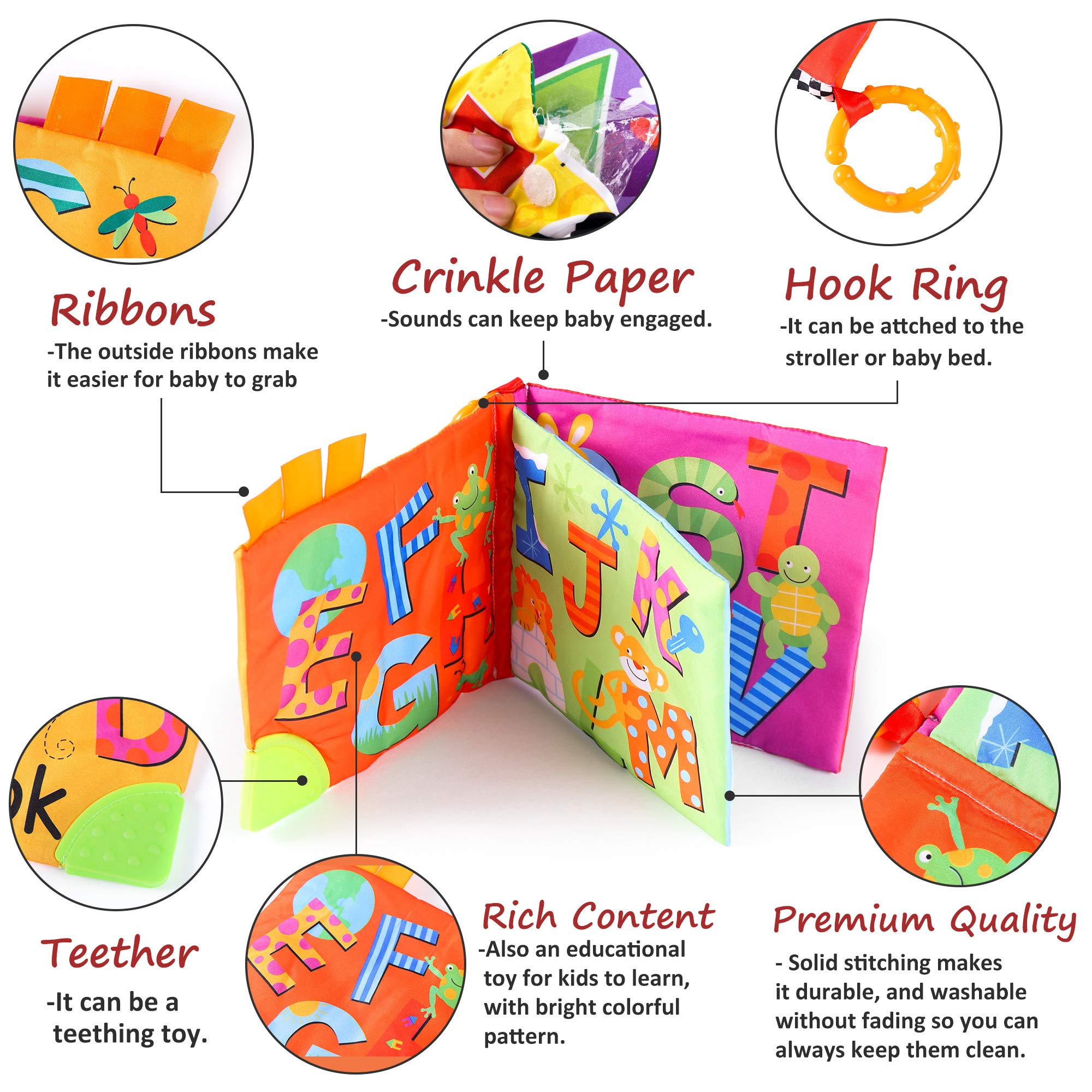 KIDAMI Baby Soft Books with Teether and Crinkle Paper 7pcs Waterproof Bath Book, First Year Book for Learning Numbers and Alphabets and Telling Stories, Gift for Infant, Baby and Toddler