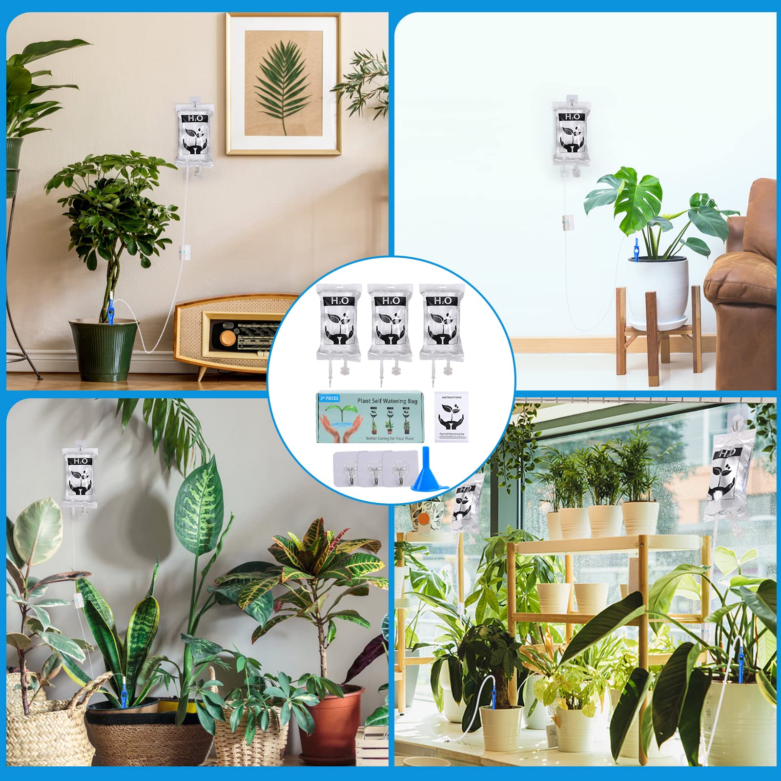 Plant Self Watering Spikes with Water Storage Bag Devices, Slow Release Control Valve Switch Automatic Irrigation Drip Watering System, Plant Self Waterer for Vacations Outdoor Indoor Potted (3 Pack)