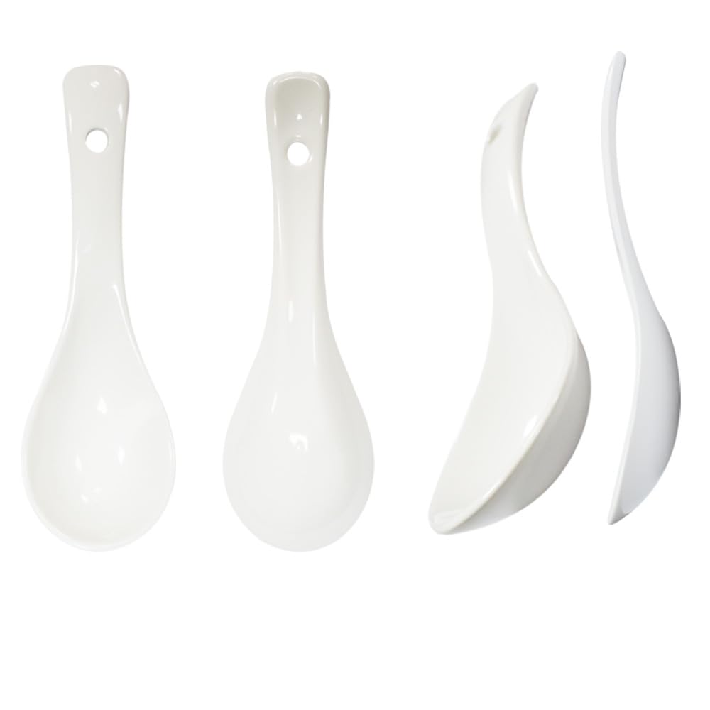 Yuauy 6 pcs Red Porcelain Soup Spoon Round-Bottom Asia Ceramic Rice Spoons Chinese Won Ton Spoons for Home Kitchen Restaurant