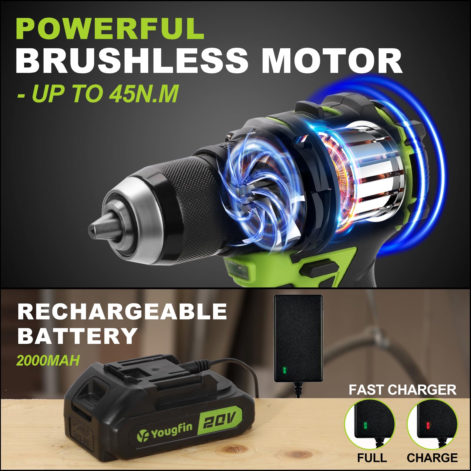 YOUGFIN Brushless Cordless Drill Diver Set Heavy Duty for Home Use, 20v Rechargeable Battery Powered Drills with Charger 45N.M, 23+1 Torque, 2 Speed Mode Electric Wall Drill Machine 2-13mm Chuck