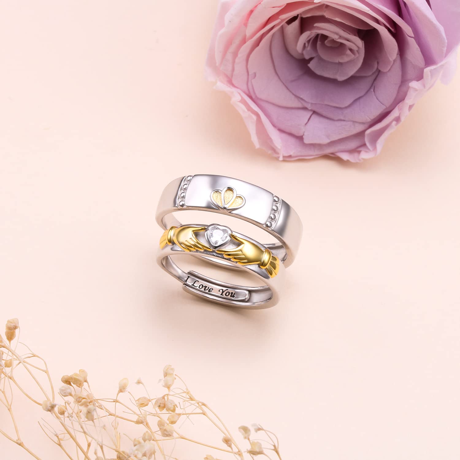 Matching Rings Irish Celtic Claddagh Ring Love Loyalty Promise Sterling Silver Rings for Couples I Love You Engagement Wedding Ring Band Sets for Him and Her