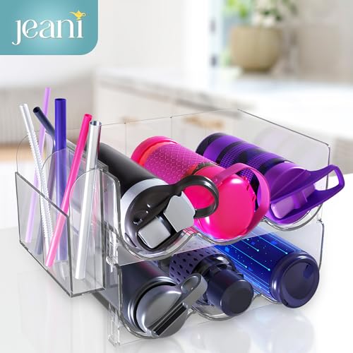 Jeani 2 Tiered Acrylic Water Bottle Organizer - Stackable Water Bottle Storage Rack with Attachable Side Bin - Multipurpose Water Bottle Shelf, Tumbler Organizer for Kitchen Cabinets, Pantry and More