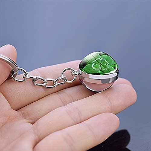 Lucky Clover Keychain Four Leaf Clover Glass Ball Double Side Pendant Metal Keyring Lucky Jewelry Gift, Green